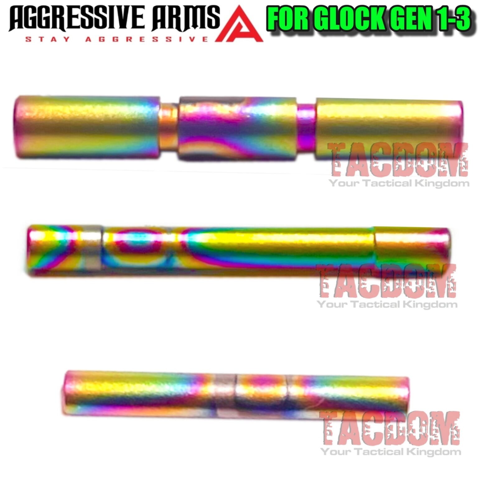 AGGRESSIVE ARMS RAINBOW CHAMELEON PVD DIMPLE PINS for GLOCK GEN 3 – 17 19 22 23 26 27 34 – TACDOM